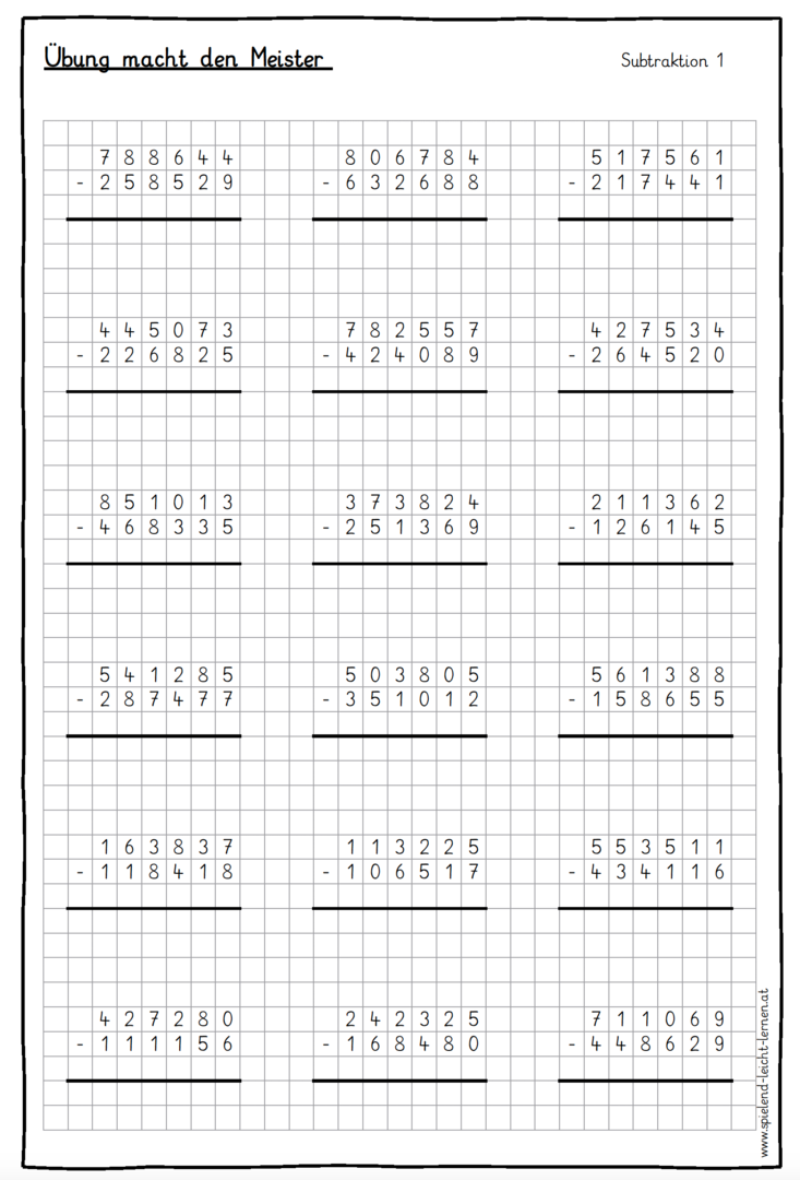 Arbeitsblätter schriftliche Subtraktion im ZR 1000 000 | SLL