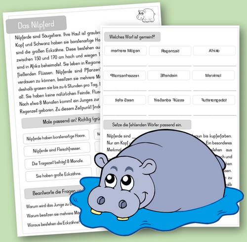 Leseverständnis Nilpferd - Kopiervorlagen | SLL