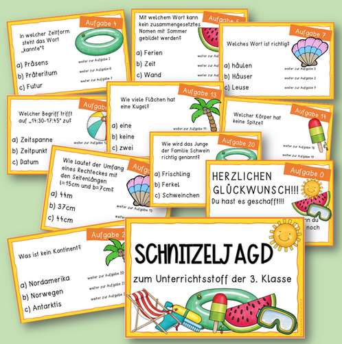 Schnitzeljagd mit Stoff der 3. Klasse in den Fächern D, M und SU | SLL