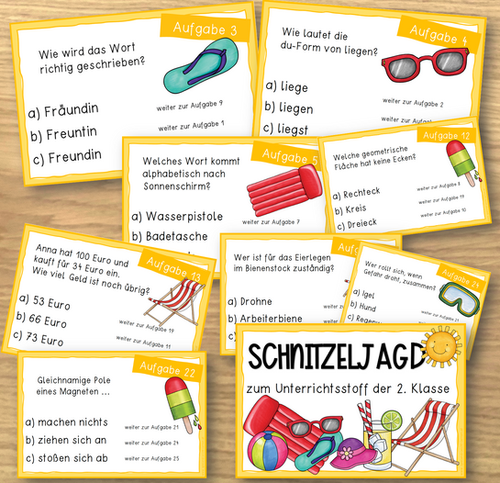 Schnitzeljagd mit Stoff der 2. Klasse in den Fächern D, M und SU | SLL