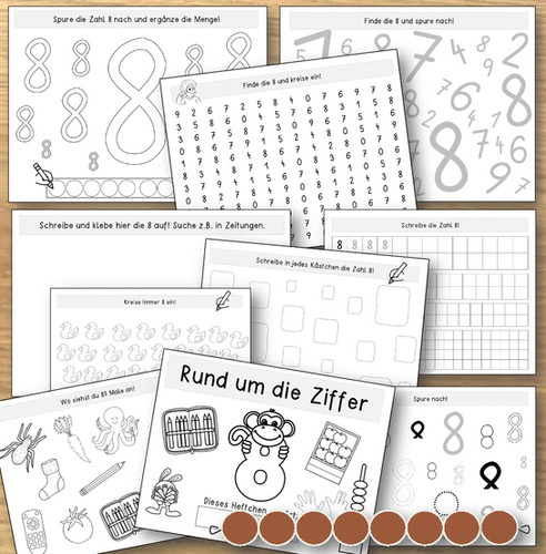 Trainingsheft zur Ziffer 8 (9 differenzierte Übungsseiten A5) | SLL