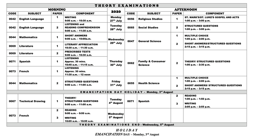 BJC & BGCSE Timetable | moe-bahamas