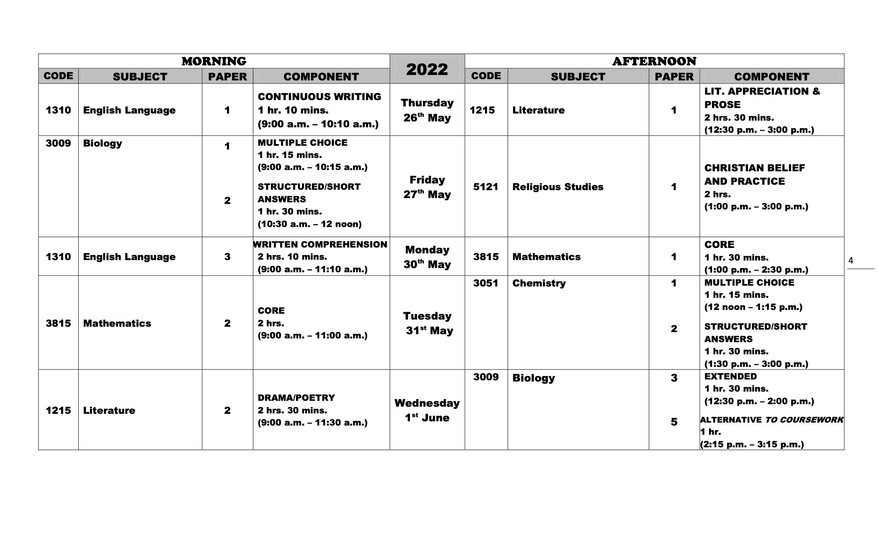 BJC & BGCSE Timetable | moe-bahamas