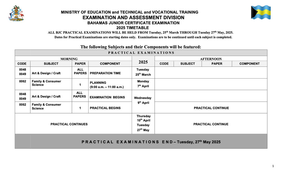 BJC & BGCSE Timetable | moe-bahamas