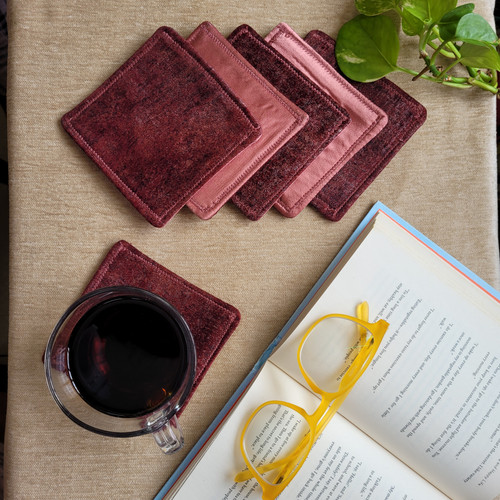 Maroon textured velvet upcycled coasters (Set of 6) | Upvalued