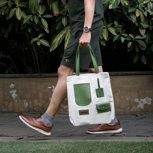 Upcycled canvas olive green patch pocket tote | Upvalued