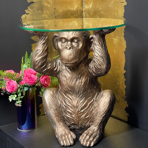 Bronze Effect Chimp Monkey Side Table with Glass Top | The Lilly Pad
