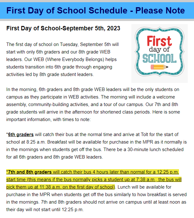 First Day of School - September 5