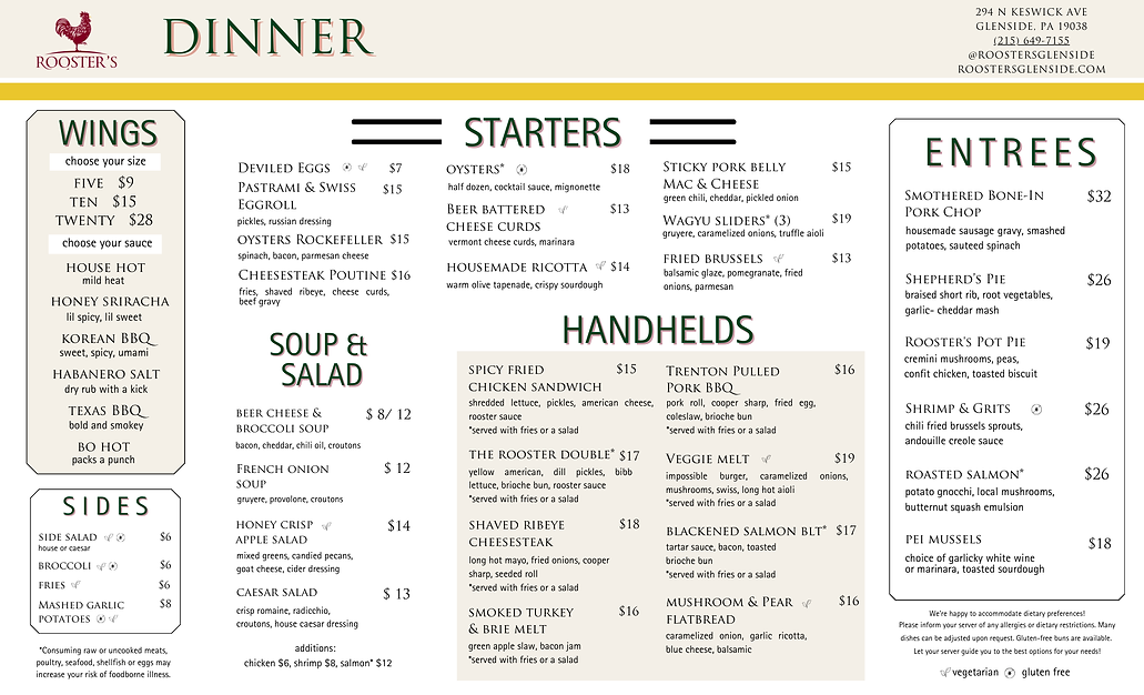 DINNER MENU | Rooster's Glenside