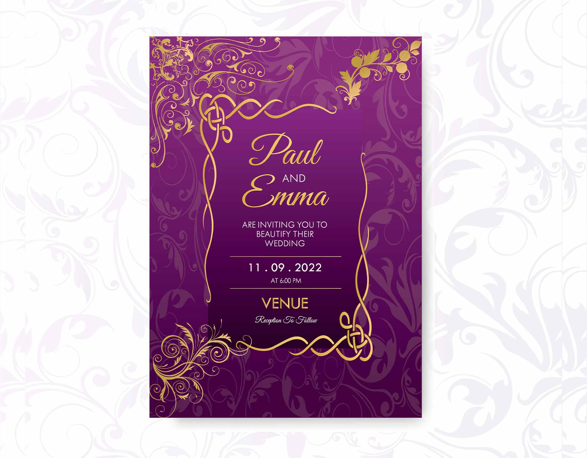 Purple Floral Wedding Greeting Invitation Card Vector AI EPS