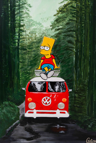 Bart Simpson chilling in the forest on a red van - a painting for ...