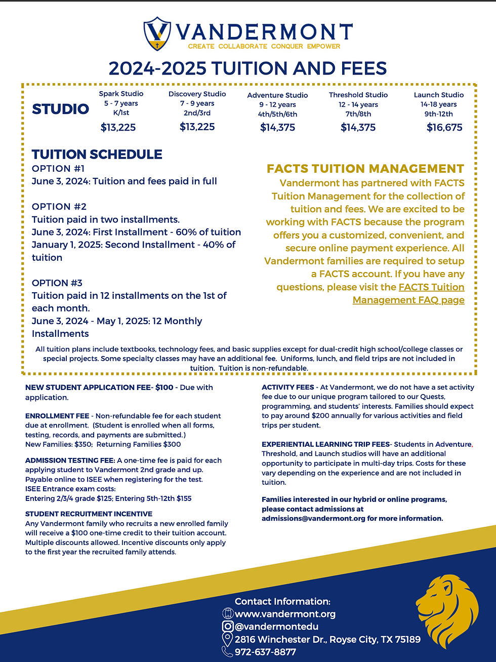 TUITION & FEES | Vandermont