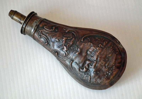 Antique 19th Century Copper Gun Powder Flask Embossed With Stags ...