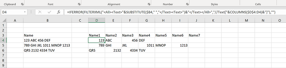 Method To Split Words From One Cell To Multiple Cells Using Filterxml Function