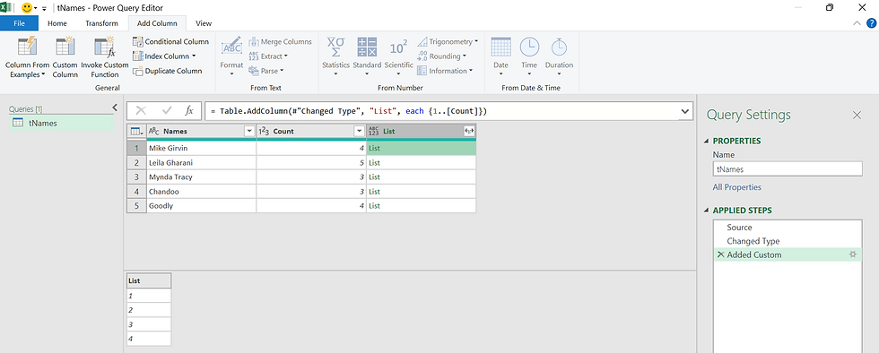 Method to repeat items based on count using power query