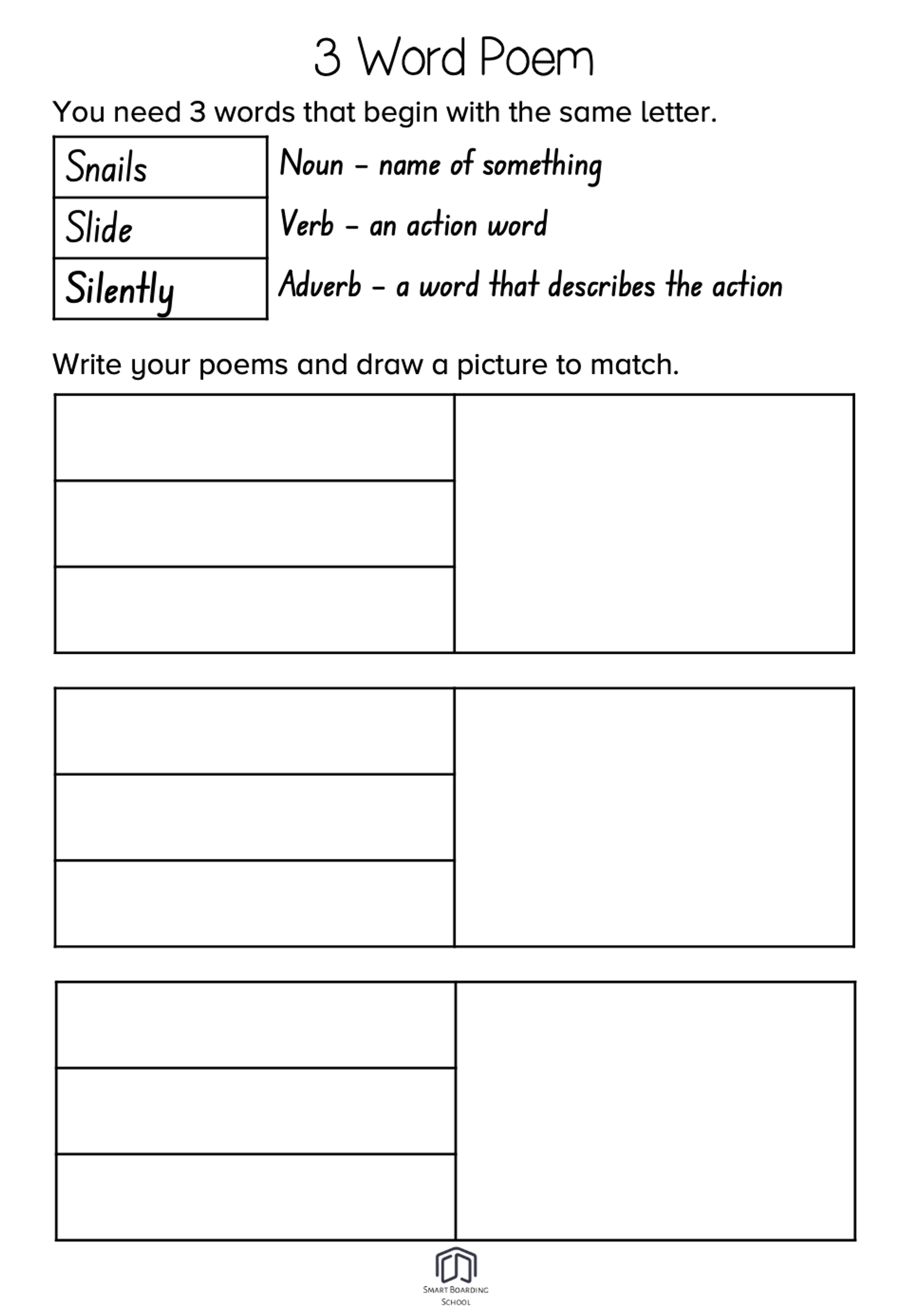 Noun, Verb and Adverb Poem Template