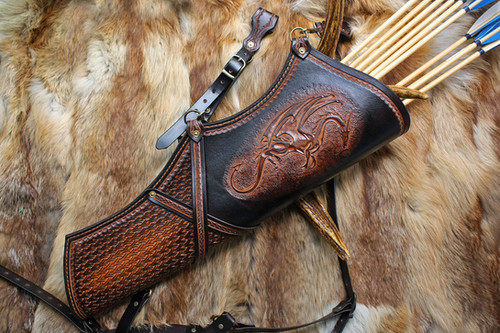 Archer Traditional Hip or Back Quiver - Dragon Design | FourHorsemenLeather