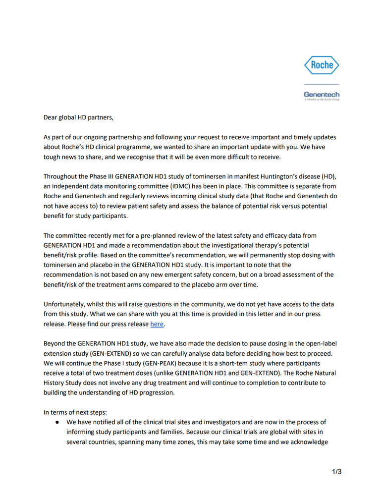Community Letter from Roche/Genentech