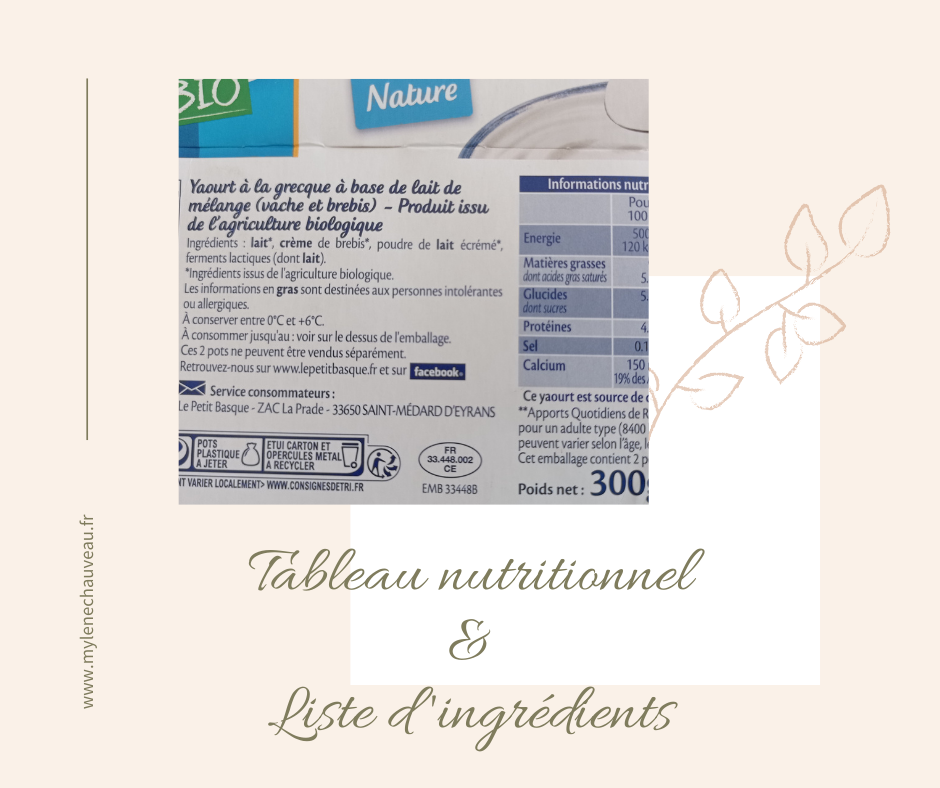 Liste d'ingrédients et tableau nutritionnel