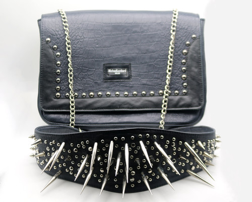 Women’s Black Leather Studded and Spiked Handbag | Michael Lombard