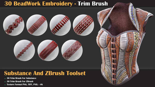30 BeadWork Embroidery - Trim Brush for Substance and ZBrush | 3DRedbox