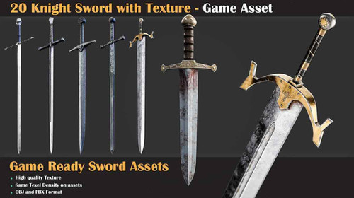 20 Knight Sword with Texture - Game Asset | 3DRedbox