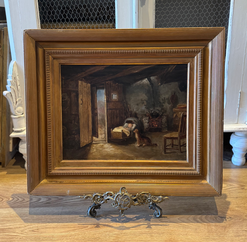 Antique C19th Oil Painting ‘Dog Watching Over Baby in Crib’ | Ruby ...
