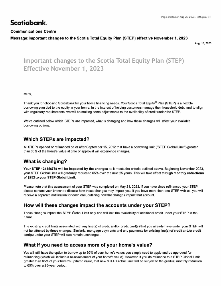Scotiabank STEP Letter - Browne Mortgage