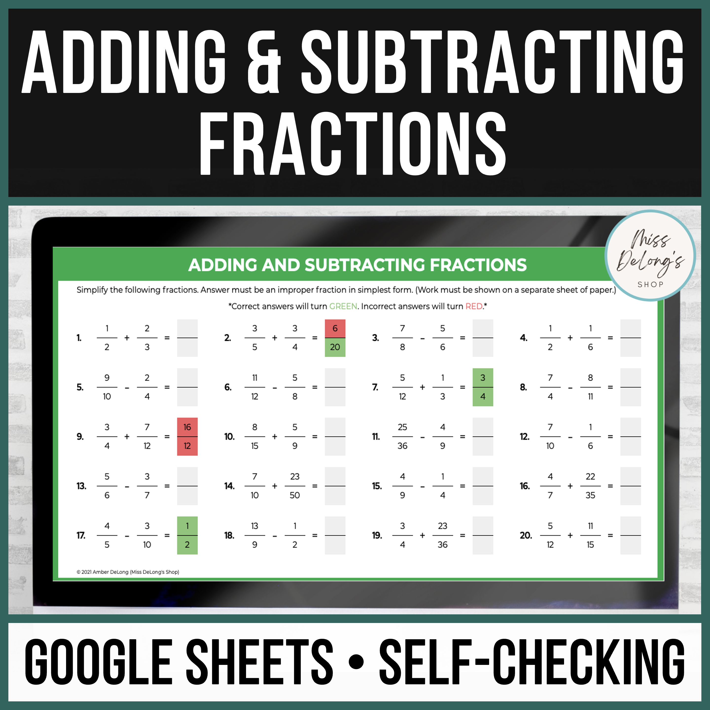 Adding and Subtracting Fractions Self Checking Sheet for Google Sheets