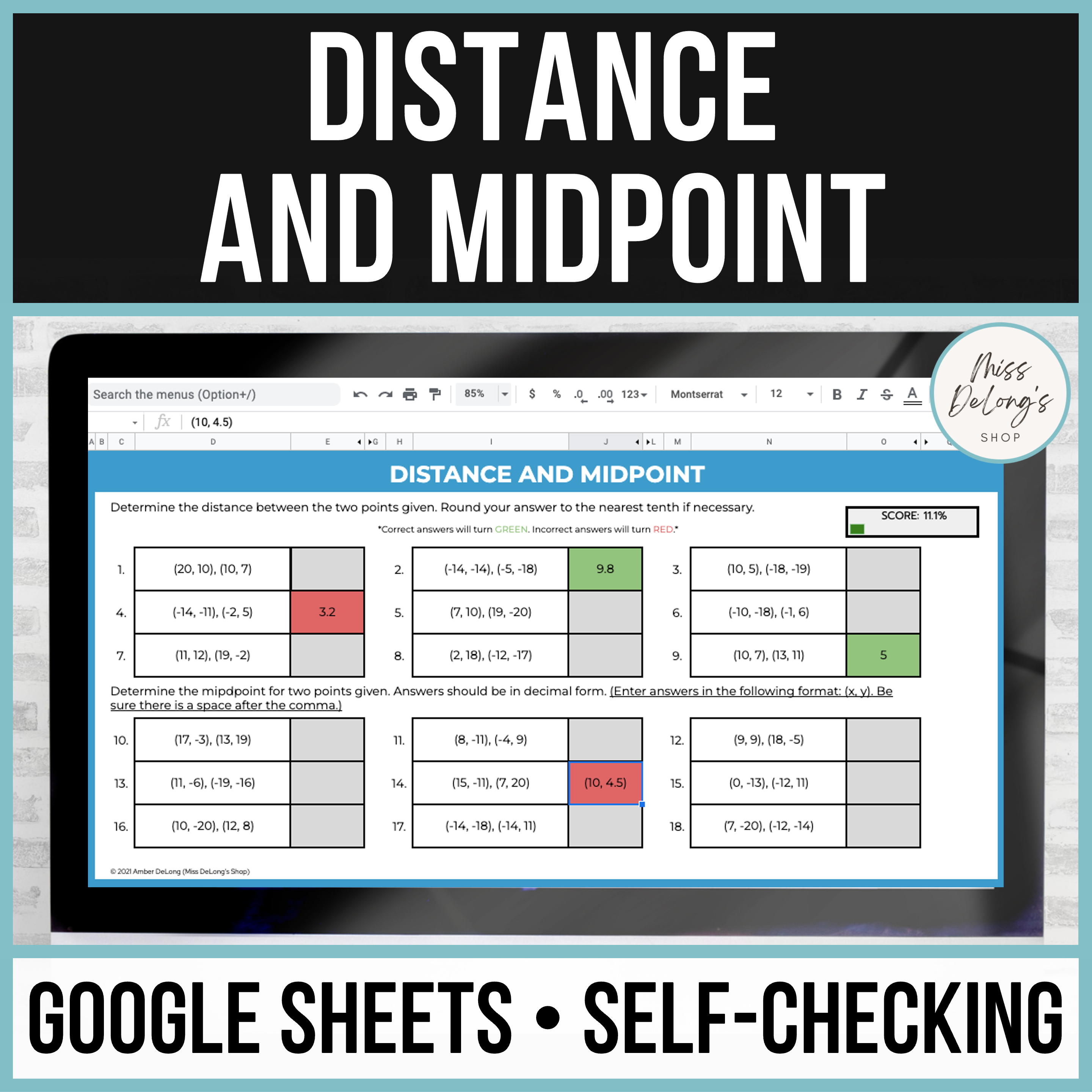Distance and Midpoint Self Checking Sheet and Auto Grading for Google ...
