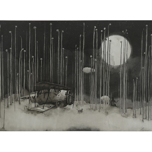 BIPLANE & FULL MOON - ink painting 1 | OVO