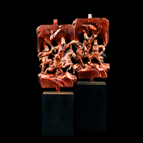 CHENG GONG antique elm wood minguo carving with stand #1 , set of 2 | OVO
