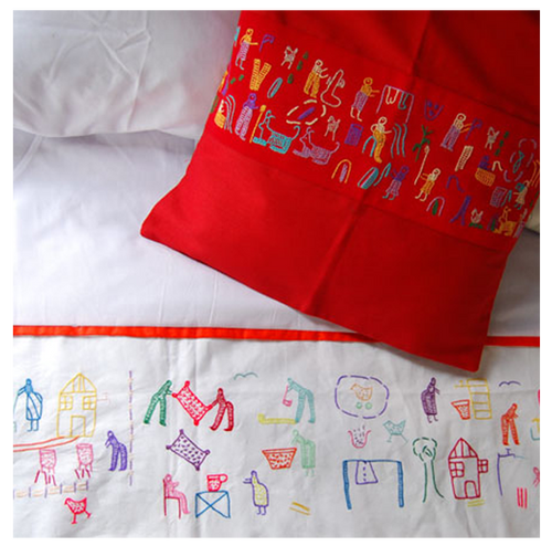 Custom-made duvet cover with hand embroidered Village strip | Penduka