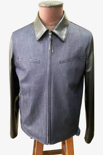 Blue Shirt Jacket with Leather Sleeves and Collar | Leather Garments HK