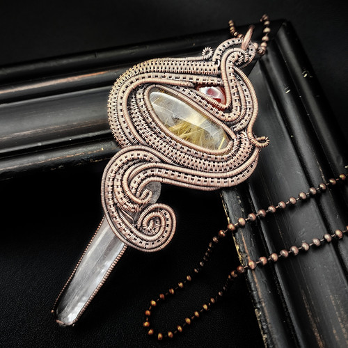 Scepter of Venus, Wire Wrap Copper, Rutile Quartz, and Garnet Pendant ...