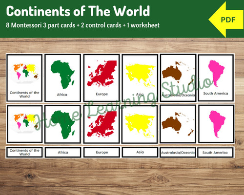 Learn about Continents of the world with Montessori 3-Part Cards