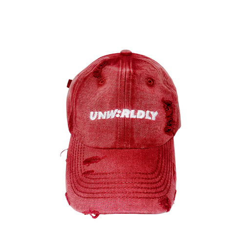 UNW:RLDLY Ripped Denim Cap in Burgundy | UNW:RLDLY Project