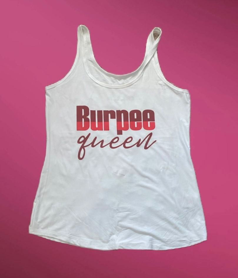 Burpee Queen-Junior’s Scoop Neck Tank Top, White | One Love Craft