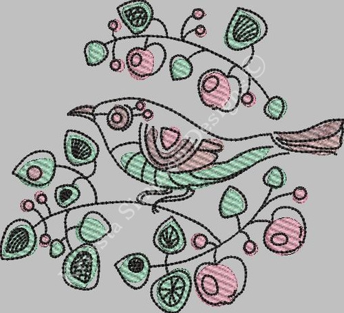 Bird with cherries machine embroidery redwork design | K. Simpson Designs©