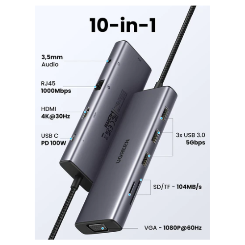 UGREEN Hub Multipuerto Tipo C 10en1 Hdm Vga Rj45 100w Usb Sd Tf 3.5 ...