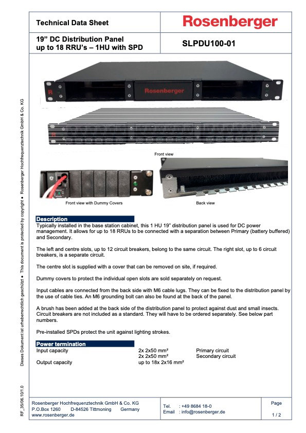 19” DC Distribution Panelup to 18 RRU’s – 1HU with SPD | Leveres av Dekant