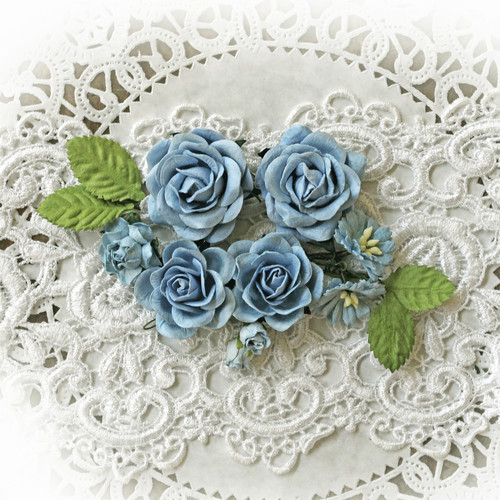 Dusty Blue Roses And Leaves Mulberry Paper Flower Set | reneabouquets