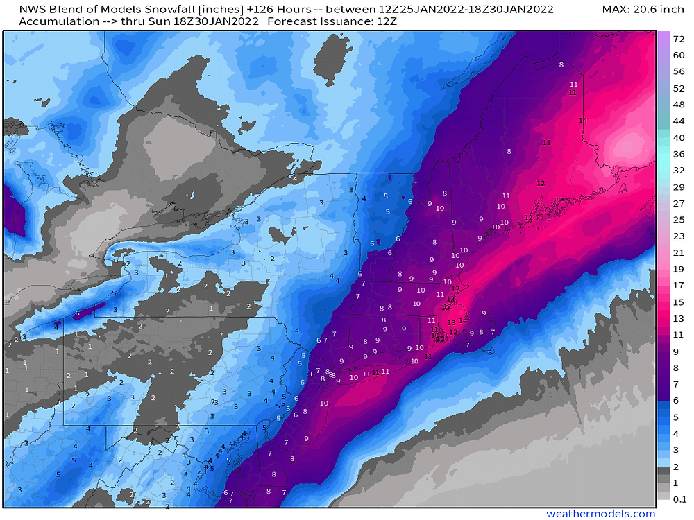 Here's the new National Weather Service model blend snow map. It's not ...