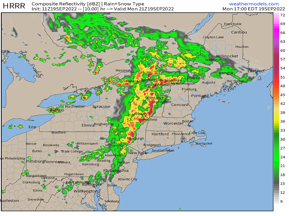 Future radar for 5 PM, 7 PM, and 9 PM showing the strong thunderstorms ...
