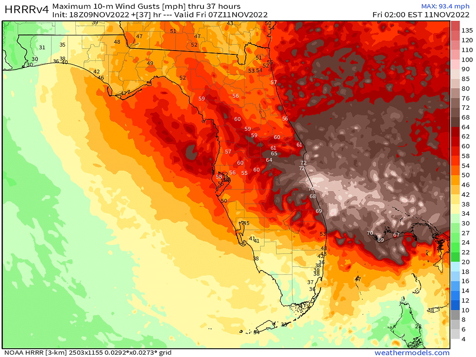 Wind gust map from the HRRR model:
