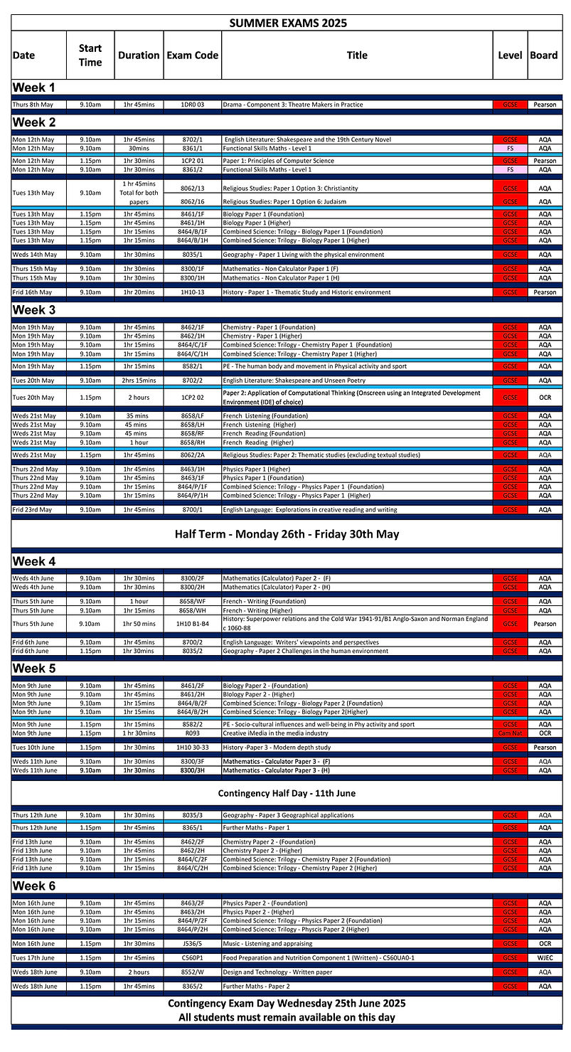 Exam Timetables | Beaminster School | Beaminster