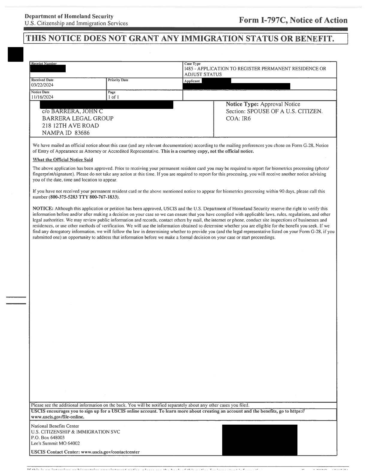 November 16, 2024, Approval of the Form I-485, Application to Register ...