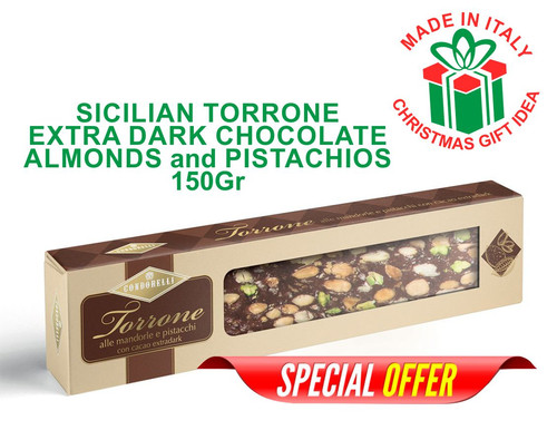 SICILIAN TORRONE EXTRA DARK CHOCOLATE ALMONDS and PISTACHIOS 150Gr ...