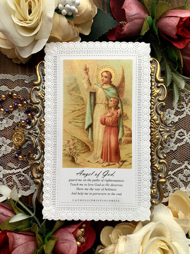 Angel of Perseverance tall paper lace holy card | CatholicPrintPress