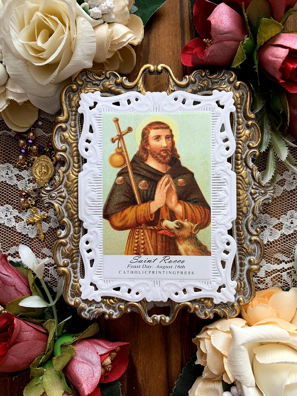 Saint Rocco Baroque paper lace holy card | CatholicPrintPress